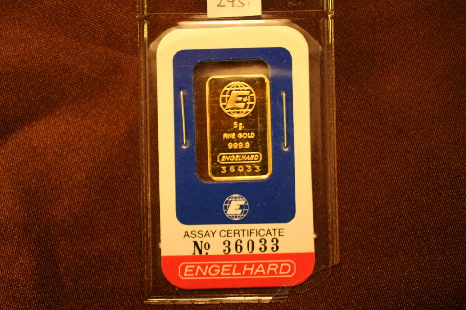 5g. Fine Gold Bar 999.9 Engelhard Assay Certified