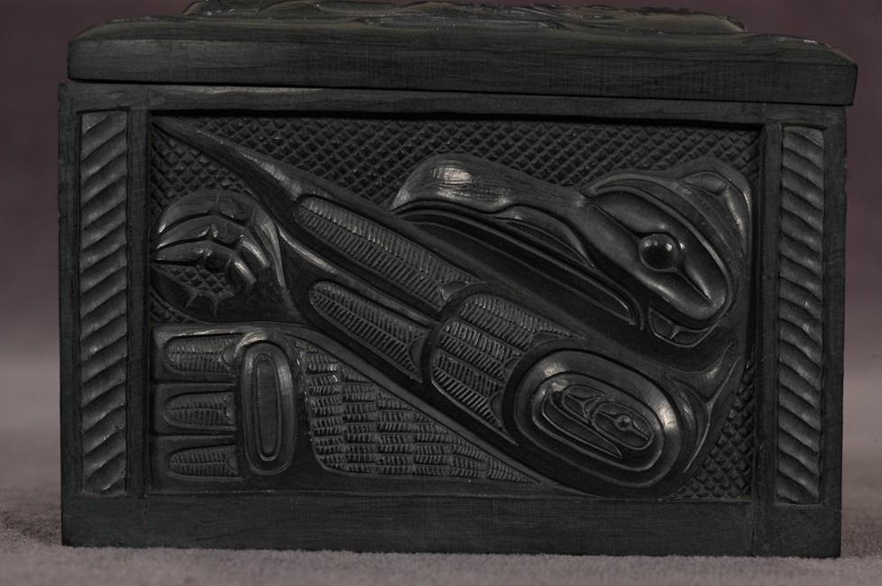 Ed Russ Argillite Box Carved with Orca, Eagle and Raven Design 3 1/3" H ...