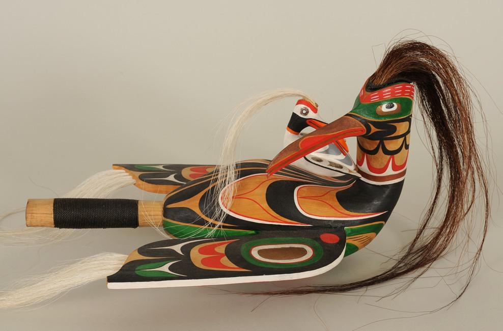 Northwest Coast Carved Rattle Depicting a Loon with Baby Loon 14" L. 9 ...