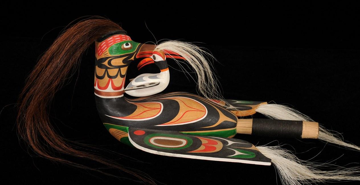 Northwest Coast Carved Rattle Depicting a Loon with Baby Loon 14" L. 9 ...