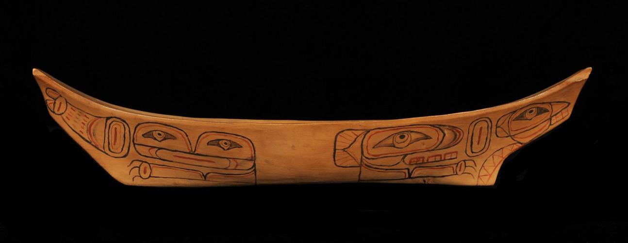 Haida Model Canoe with Painted Design and Thunderbird Shop Tag 17 3/4 ...