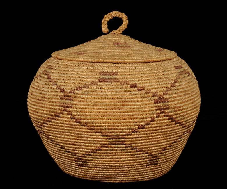 Inuit Lidded Basket with Diamond Design 8" D. 7 1/2" H. Fine Condition