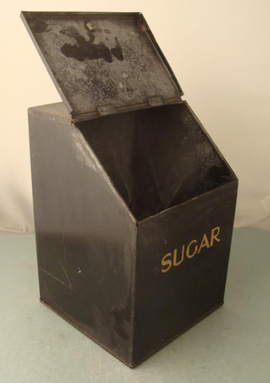 Metal Sugar Tin Vintage Canister w/ Hinged Lid Black
