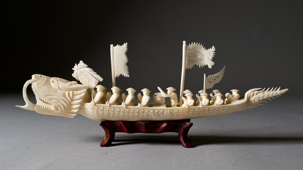 Chinese Carved Ivory Dragon Boat