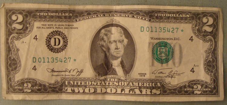 1976 Star Note $2 Two Dollar Bill -D Mint Cleveland