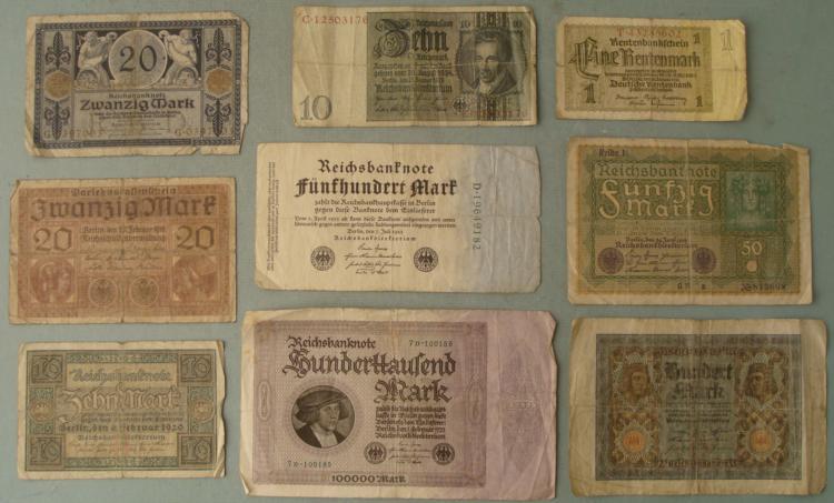 Nine Different Early German Mark Paper Money 1915-1937