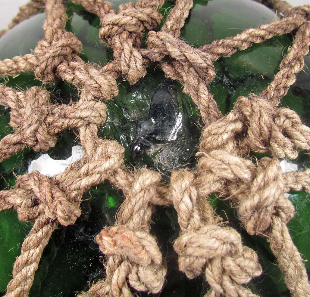 LARGE VINTAGE GREEN GLASS FISHING FLOAT W/ NETTING