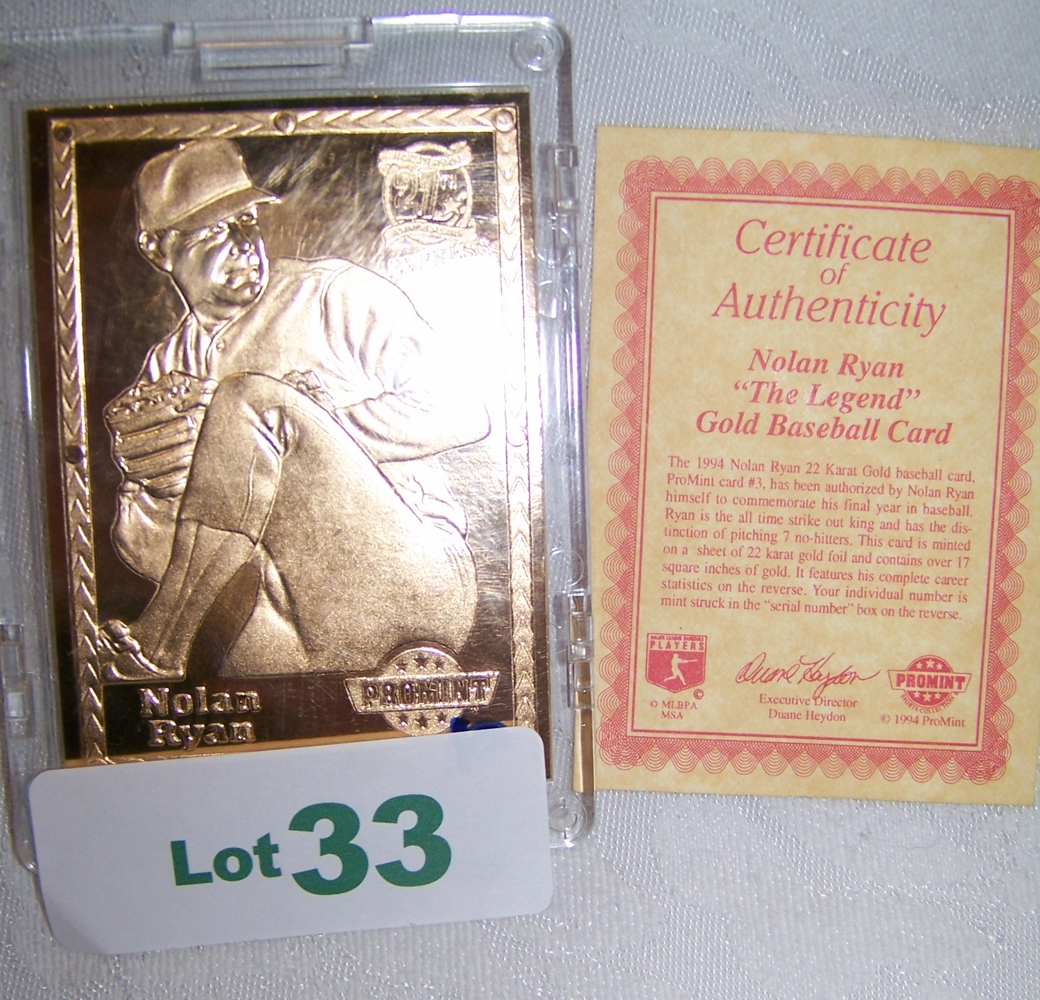 Nolan Ryan PROMINT 22K Gold Baseball card 1994 w/ COA
