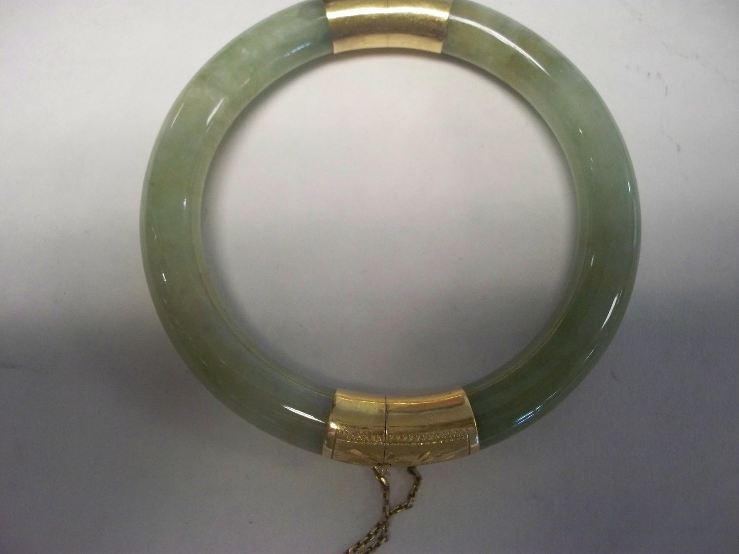 Large Genuine Jade Bangle W/14K Gold Hinges