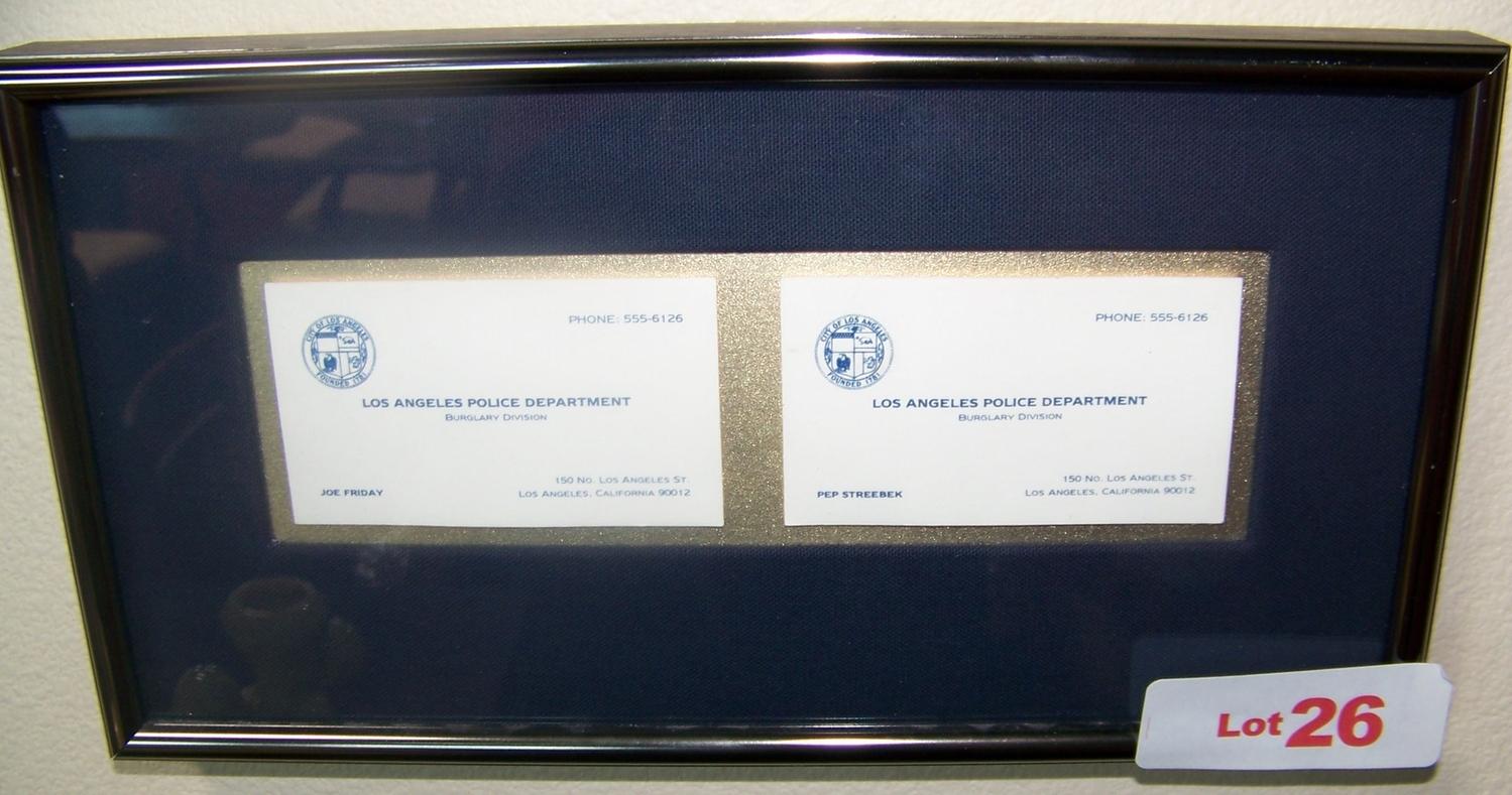 Joe Friday and Pep Streebeck Framed Business Card T.V. Props.