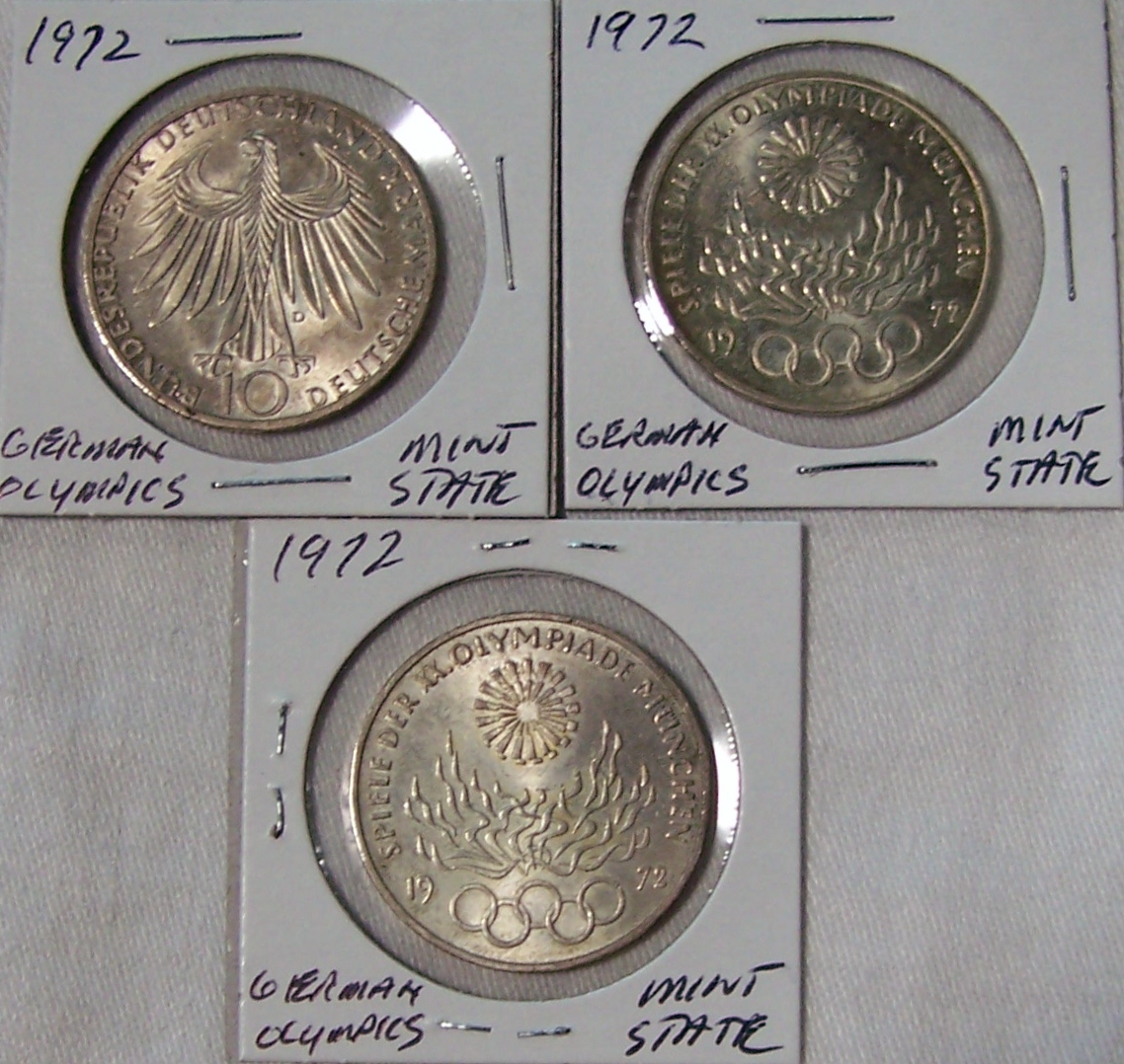 (3X The Bid) German Silver Olympic Coins. Mint State. 1972