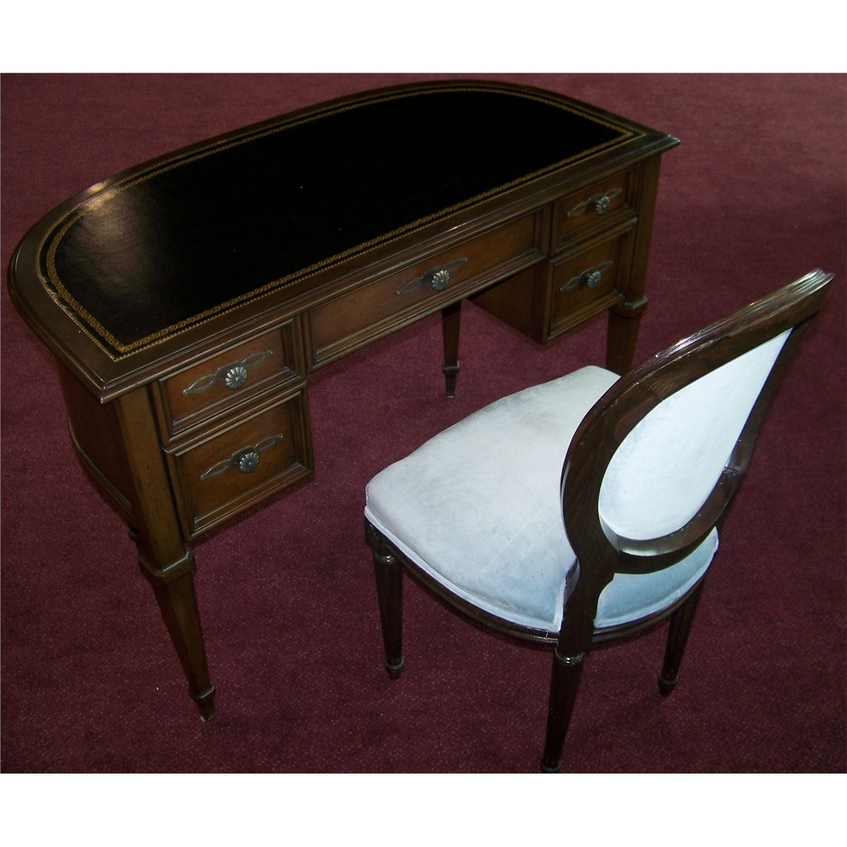 Half moon leather top wood desk and chair
