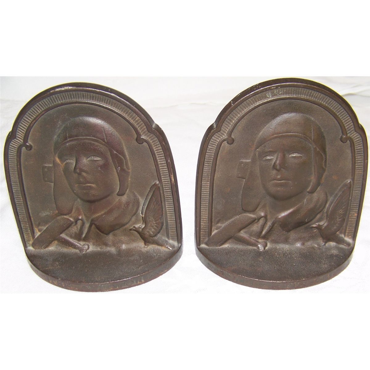 Charles Lindbergh Cast Iron w/Bronze Overlay Bookends. 1929.