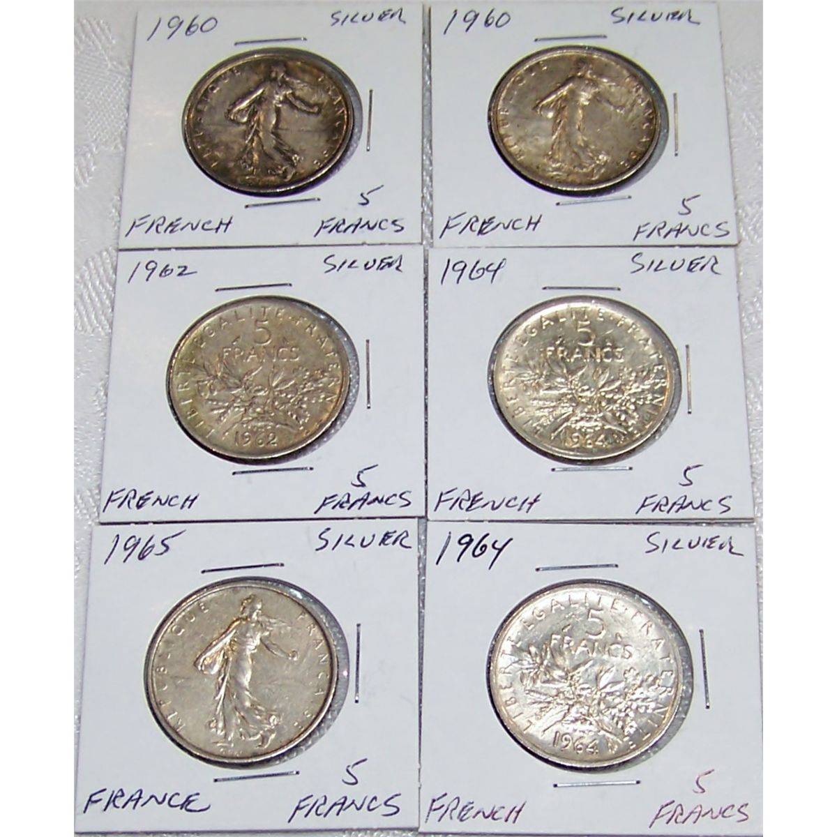 (6X the Money) French 5 Franc Coins -SILVER. 1960(2), 1962, 1964(2), 1965