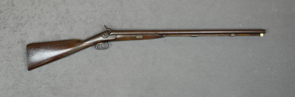 Percussion SxS shotgun, back action locks, 12 gauge, 30” barrels, brown ...