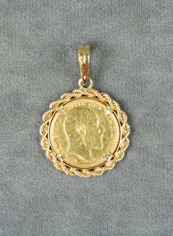 Gold British Sovereign Coin in Bezel. Est. $300-$600