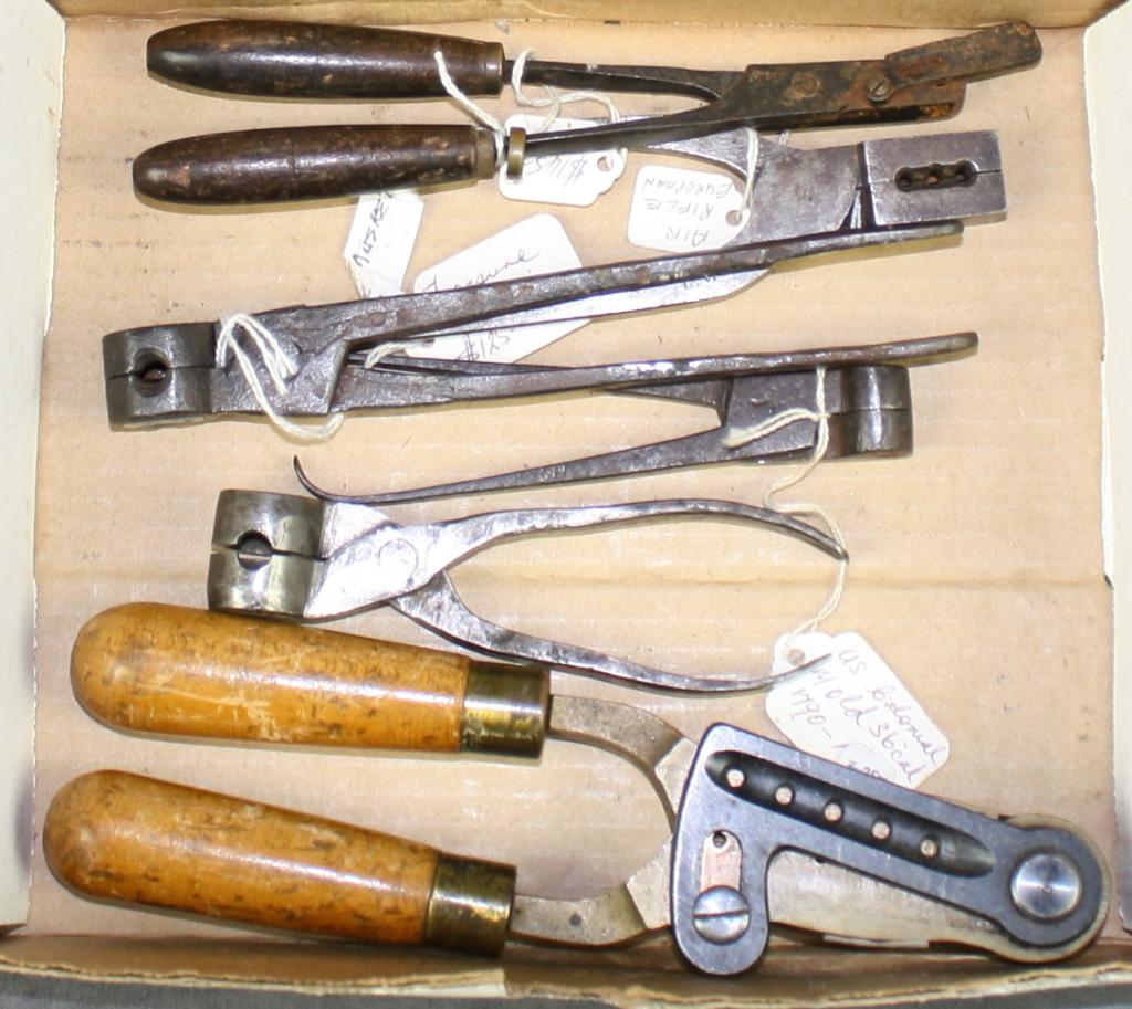 Lot of six misc. bullet molds including a brass small caliber gang mold ...