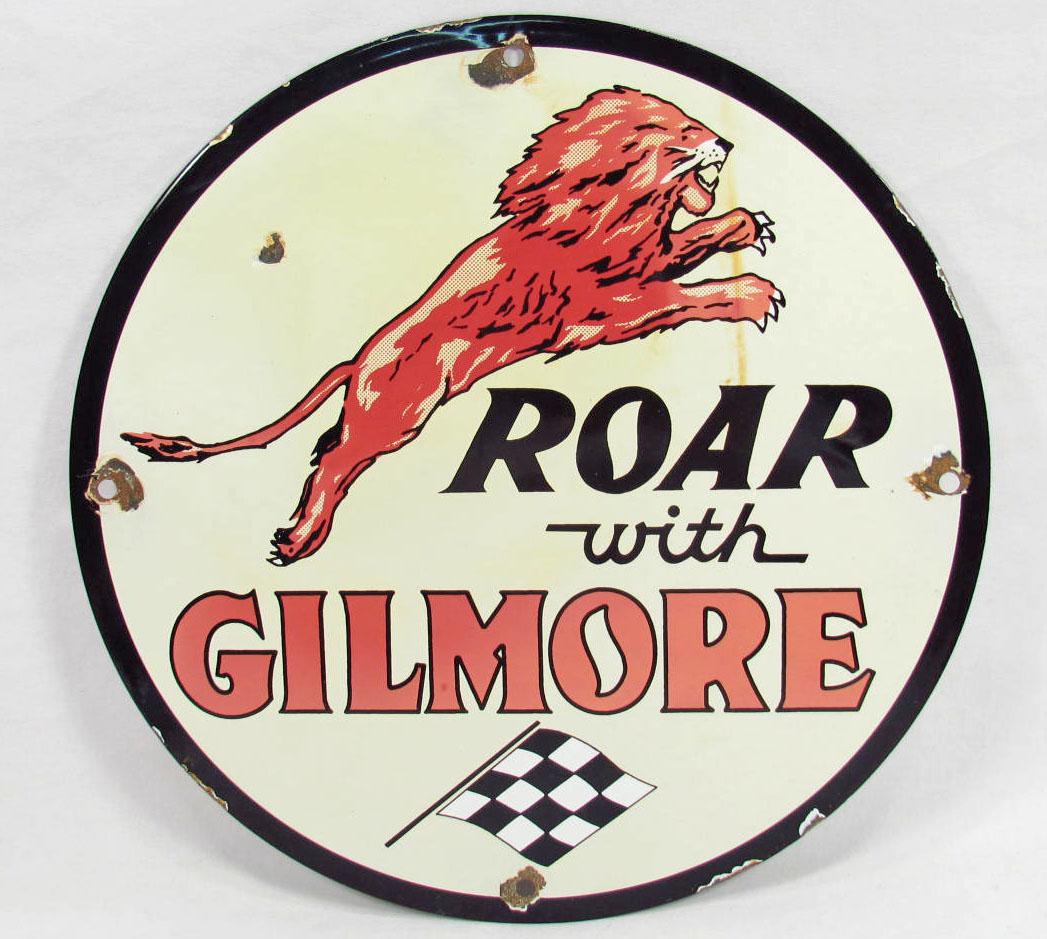 ROAR WITH GILMORE GASOLINE PORCELAIN ADVERTISING SIGN