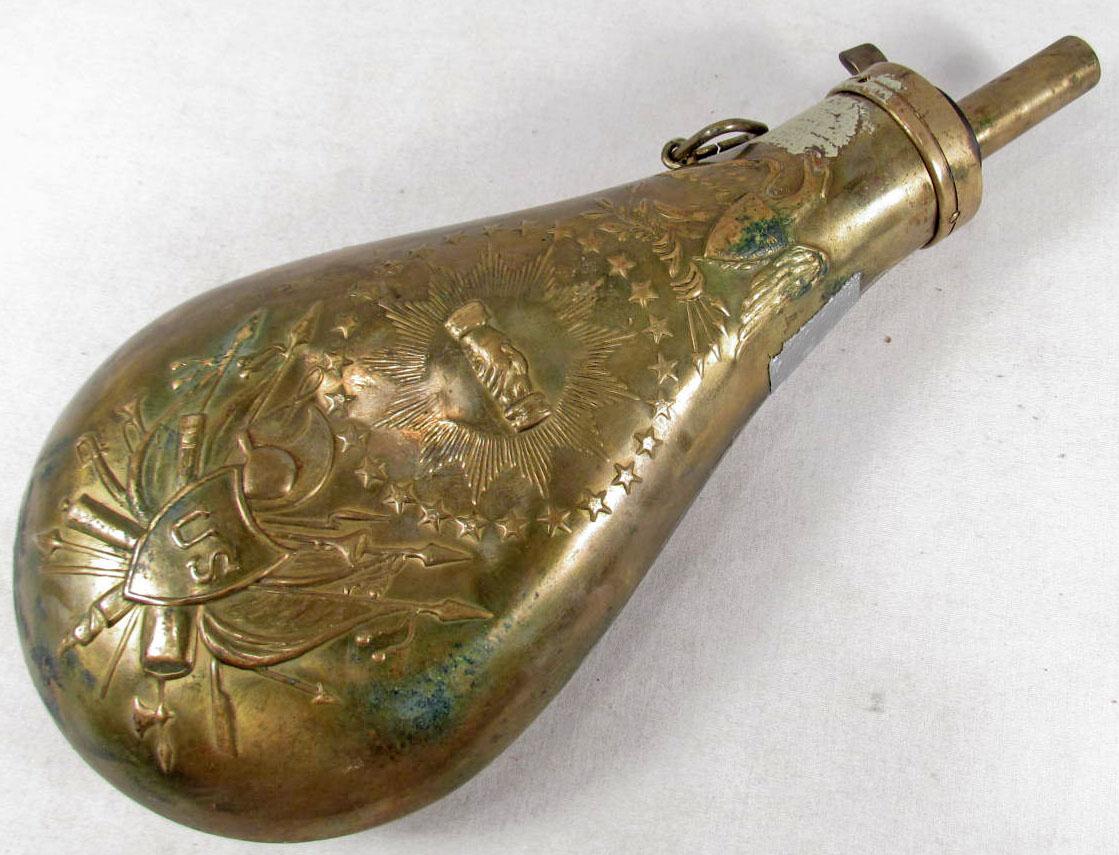 VINTAGE BRASS EMBOSSED BLACK POWDER FLASK W/ POUCH