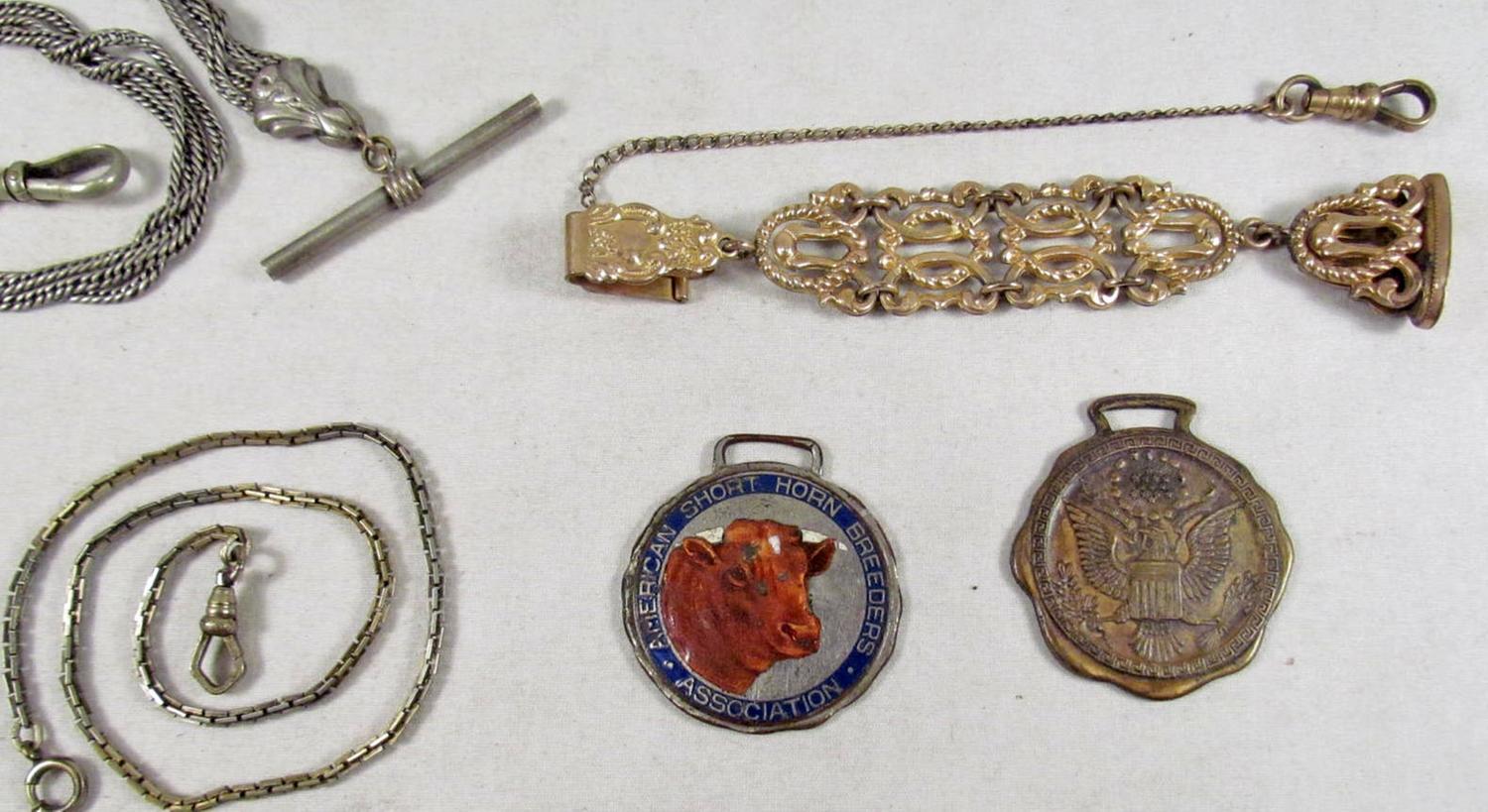 LOT OF VINTAGE WATCH CHAINS AND WATCH FOBS