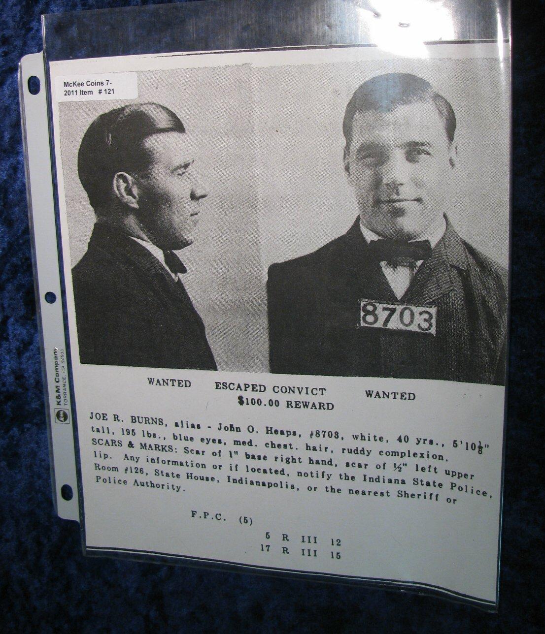 121. File Copy of the Wanted Poster for "Joe R. Burns $100 Reward ...