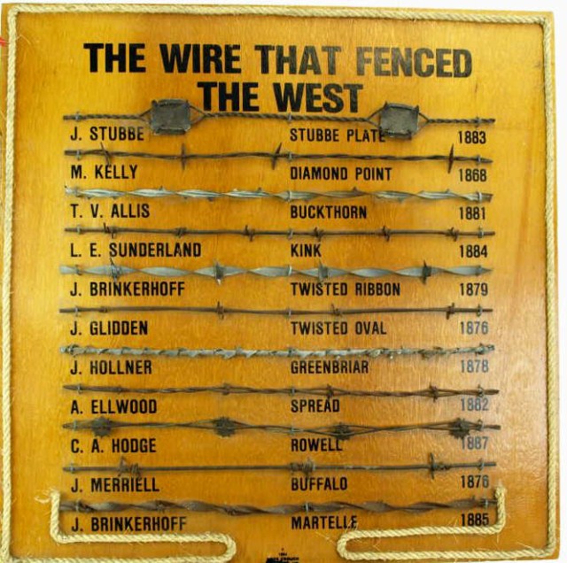 Framed collection of early barbed wire on board