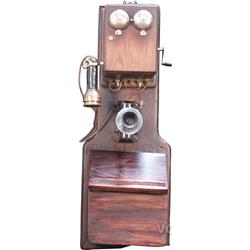 Early Oak Wall Mount Hand-Crank Telephone