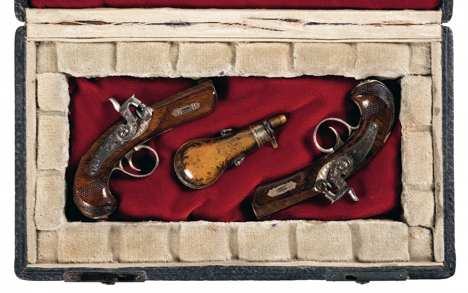 Cased Matched Pair of Engraved and Silver Mounted Miniature Percussion ...