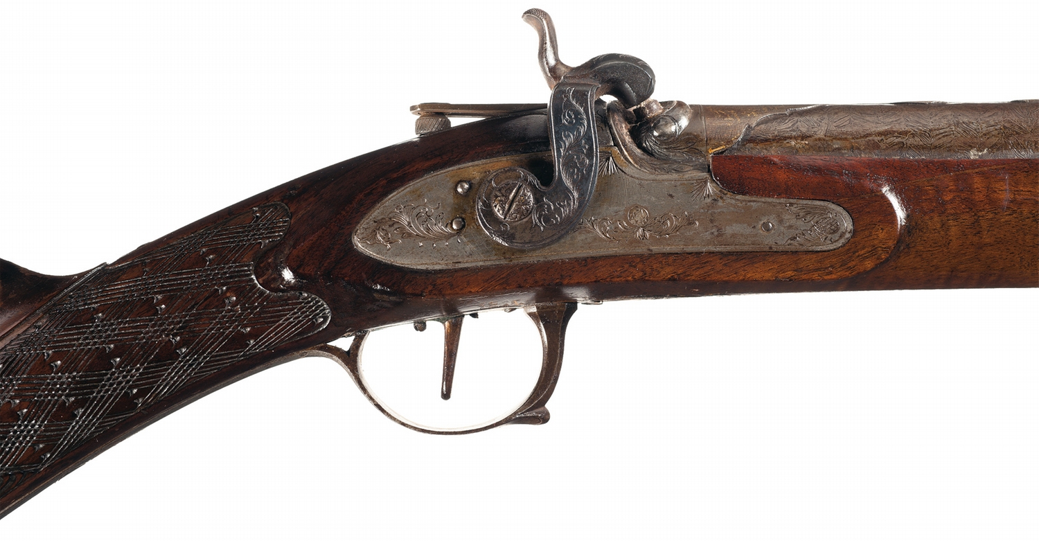 Engraved Percussion Jaeger Rifle with Relief Carved Stock