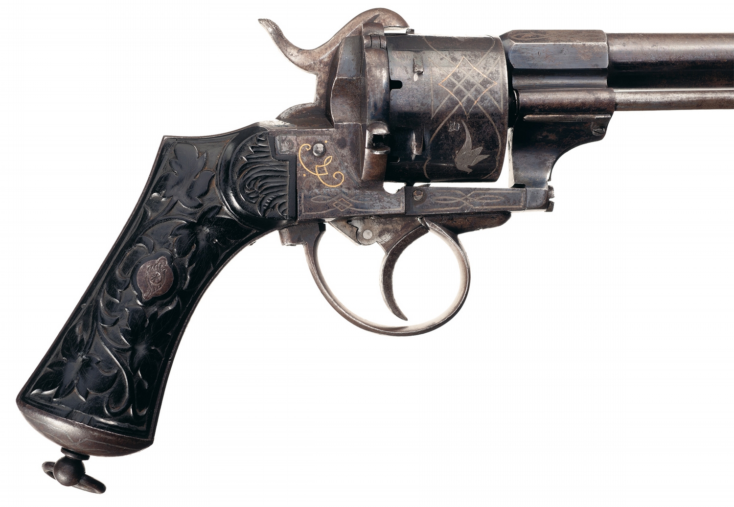Gold Inlaid LeFaucheux Pinfire Revolver with Relief Carved Grips