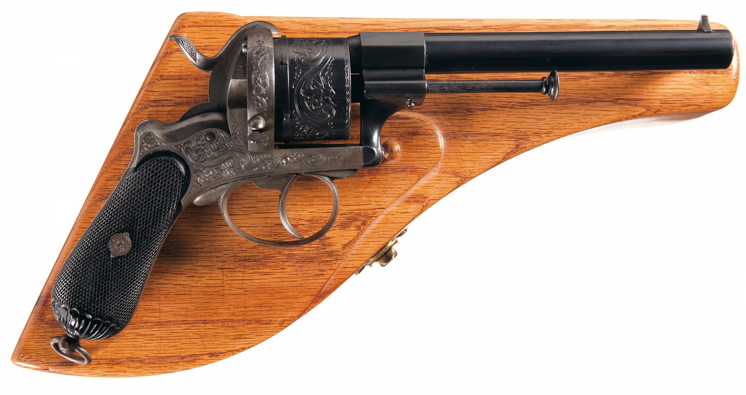Engraved Roos Marked German Double Action Pinfire Revolver with Custom Case