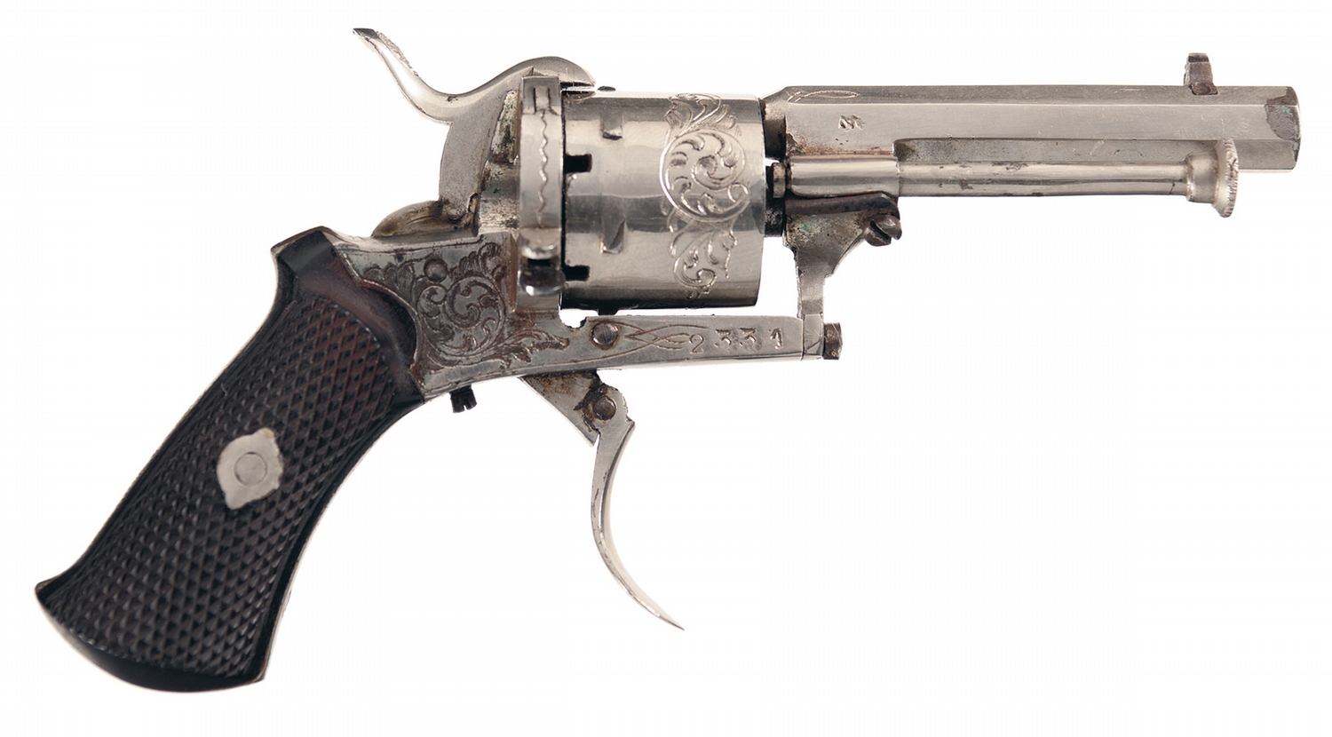 Miniature Engraved European Pinfire Revolver with Fitted Leather Pipe Case