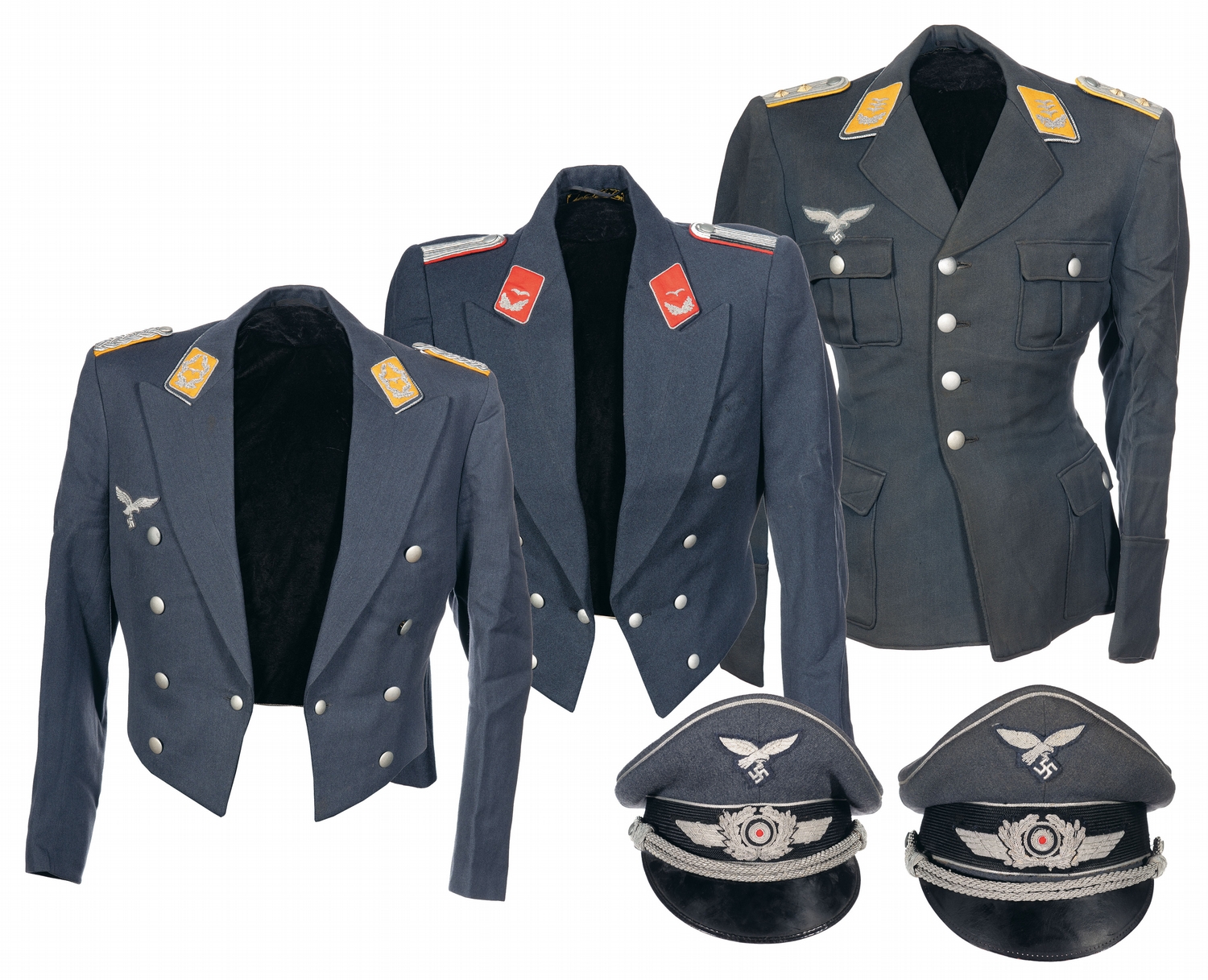 Three Luftwaffe Dress Jackets and Two Peaked Caps