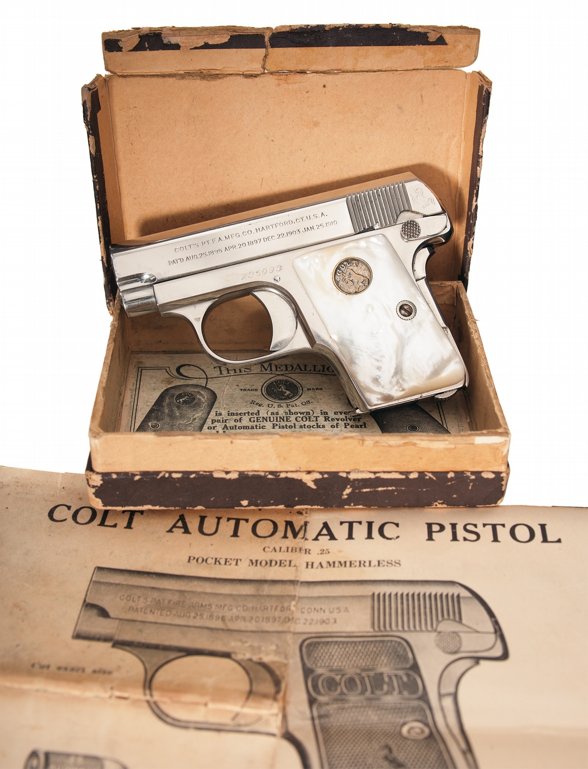 Excellent Colt Model 1908 Vest Pocket Hammerless Pistol with Pearl ...