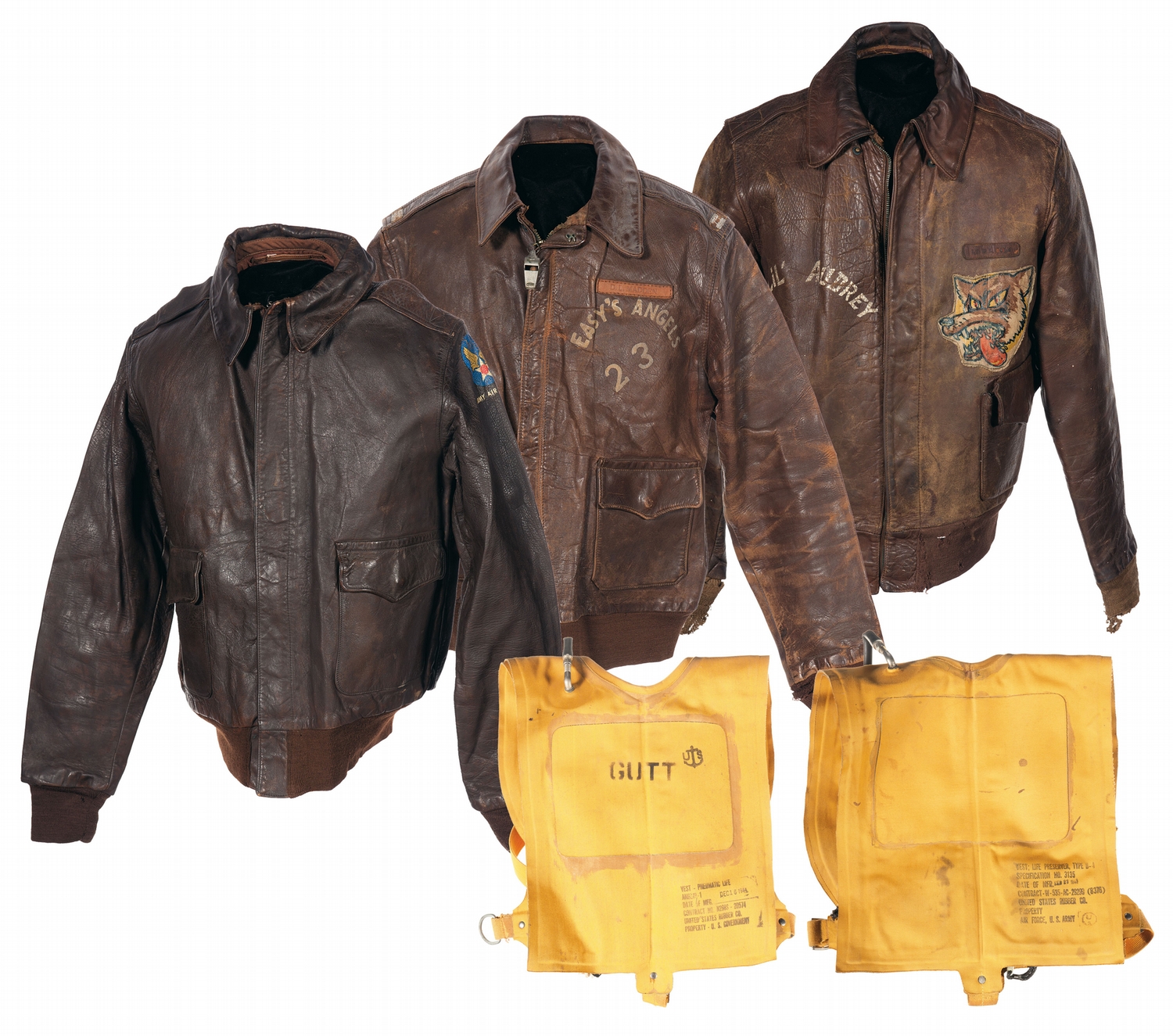 Three WWII USAAF A-2 Flight Jackets and Two Life Vests