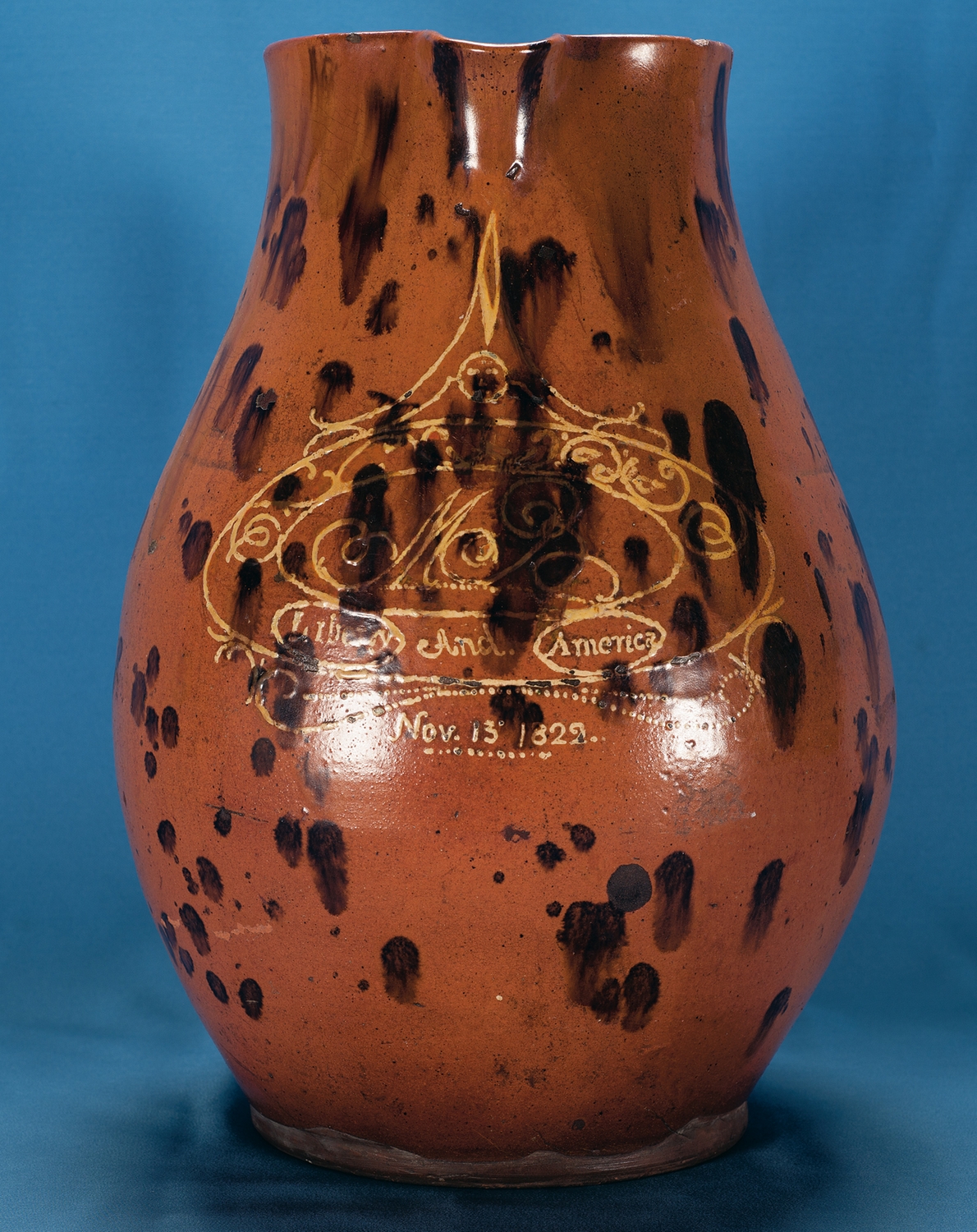 Extremely Rare Redware Presentation Pitcher to M.B with Patriotic ...