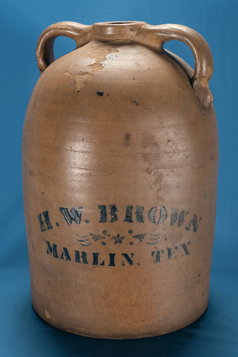 Double Handled Slave Jug Advertising H. W. Brown, Marlin, Texas