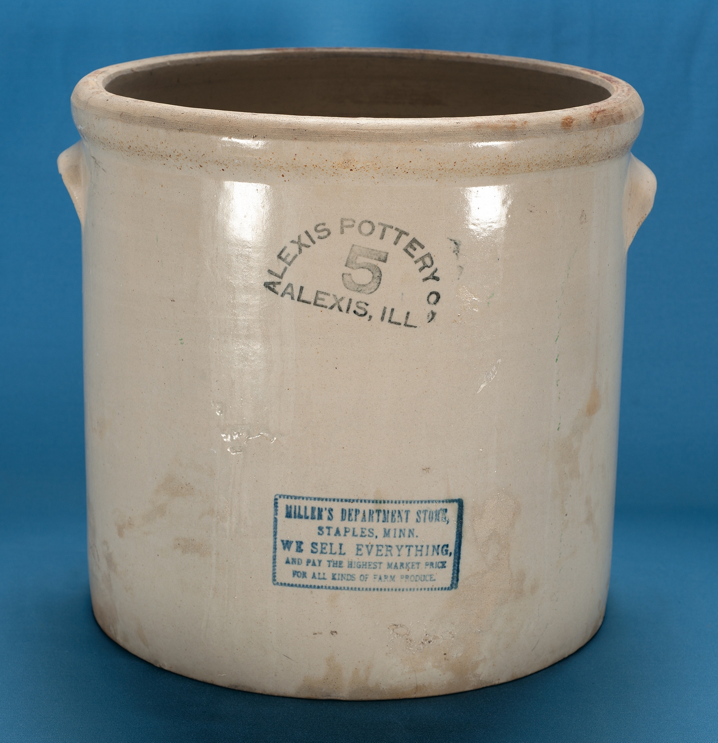 Alexis Pottery Five Gallon Advertising Crock Millers Department Store ...