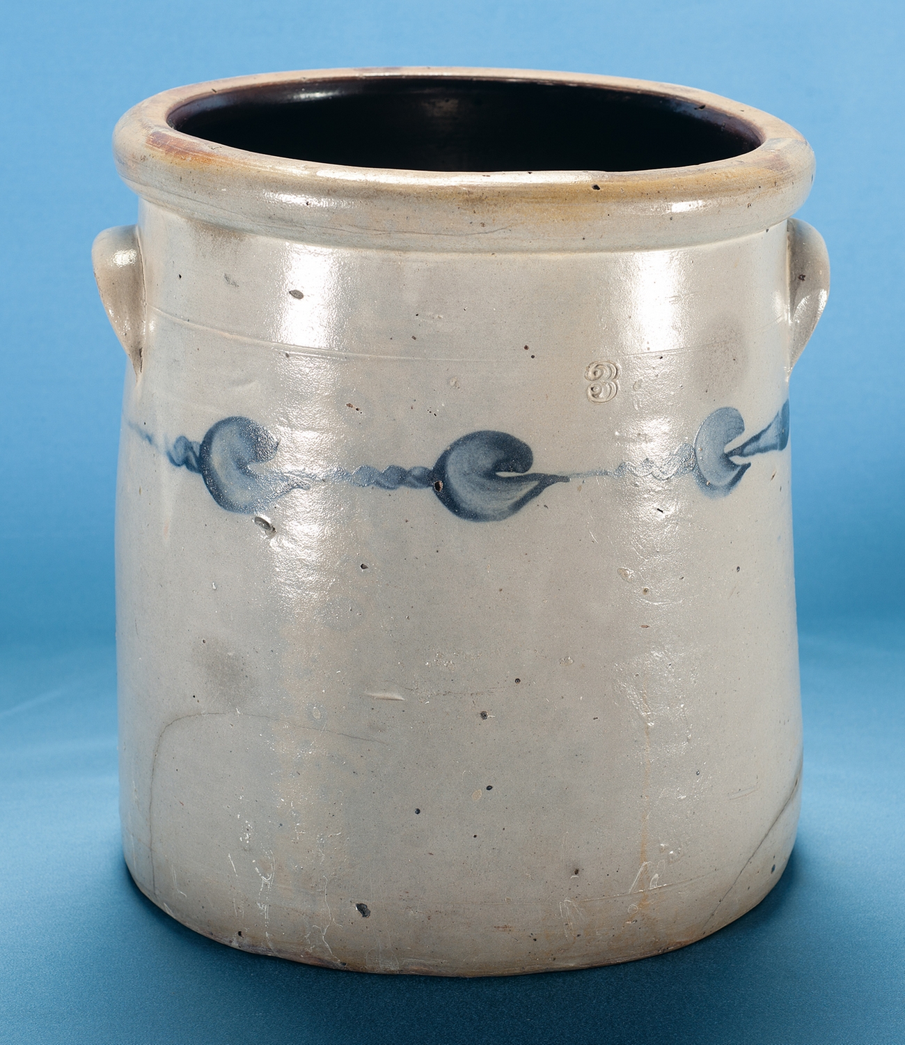 Anna Pottery Salt Glaze Three Gallon Crock with Cobalt Blue Quill Mark