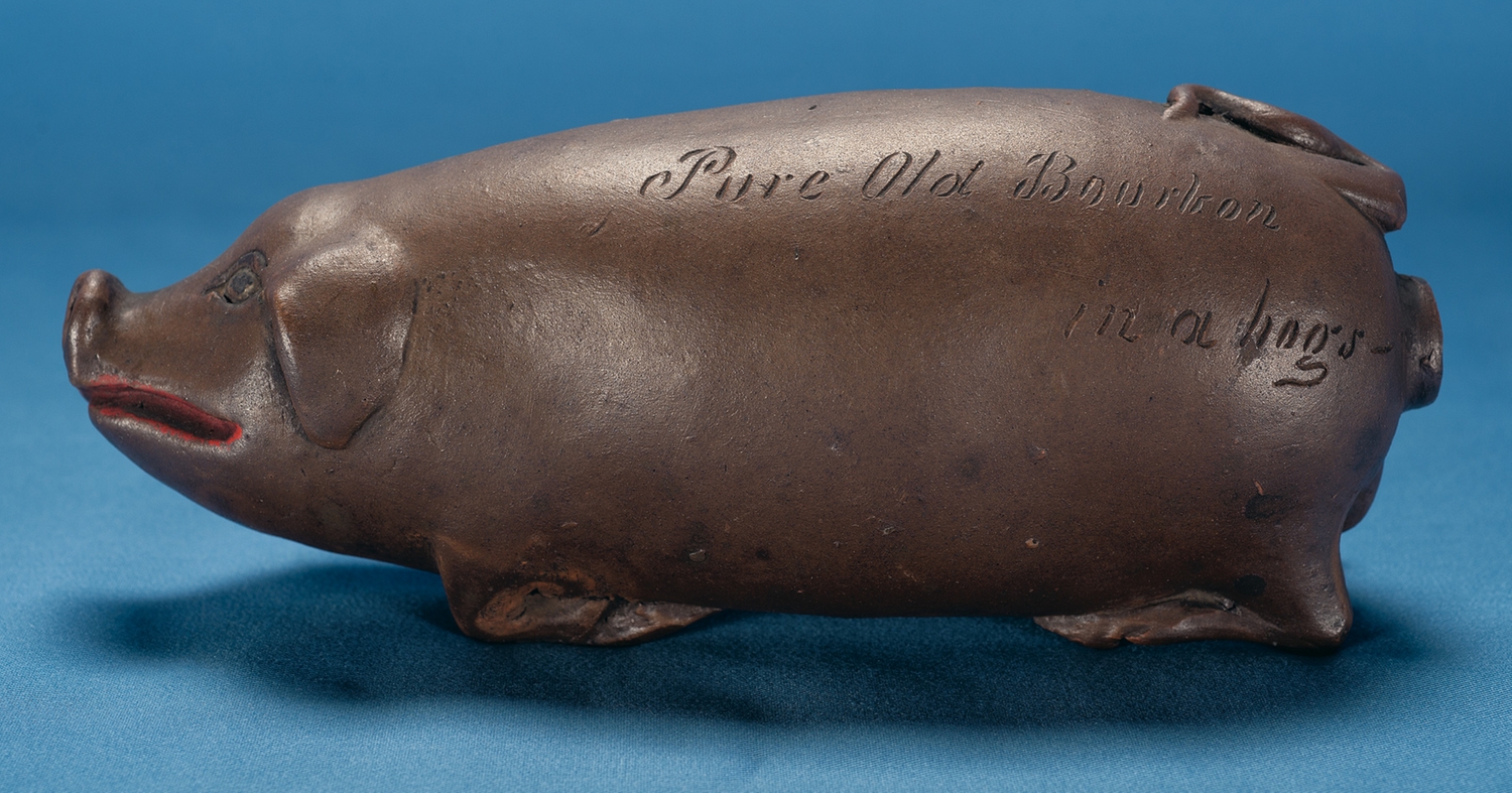 Rare Early Stoneware Pig Flask with Whimsical Face Incised "Pure Old ...