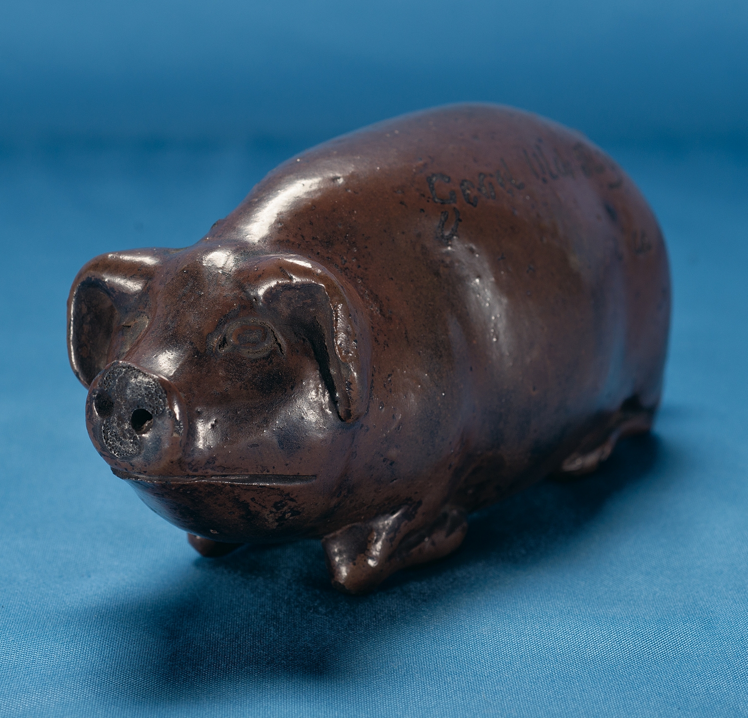 Rare Early Stoneware Pig Flask Incised "Good Old Rye/ In A Hogs ...