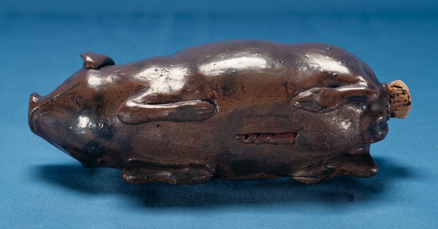 Rare Early Stoneware Pig Flask Incised "Good Old Rye/ In A Hogs ...