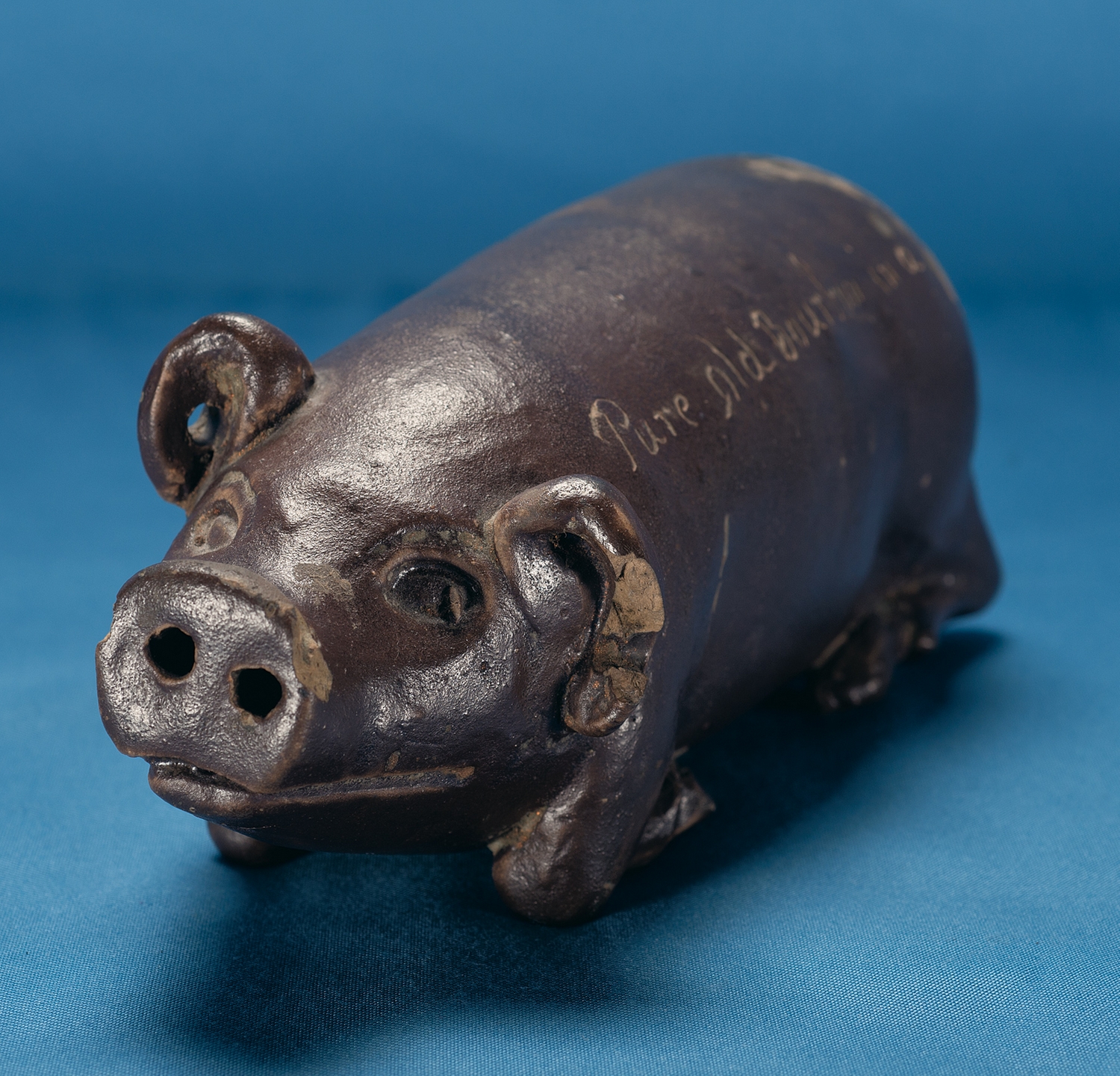 Very Early Stoneware Pig Flask Incised "Pure Old Bourbon in a Hogs ...