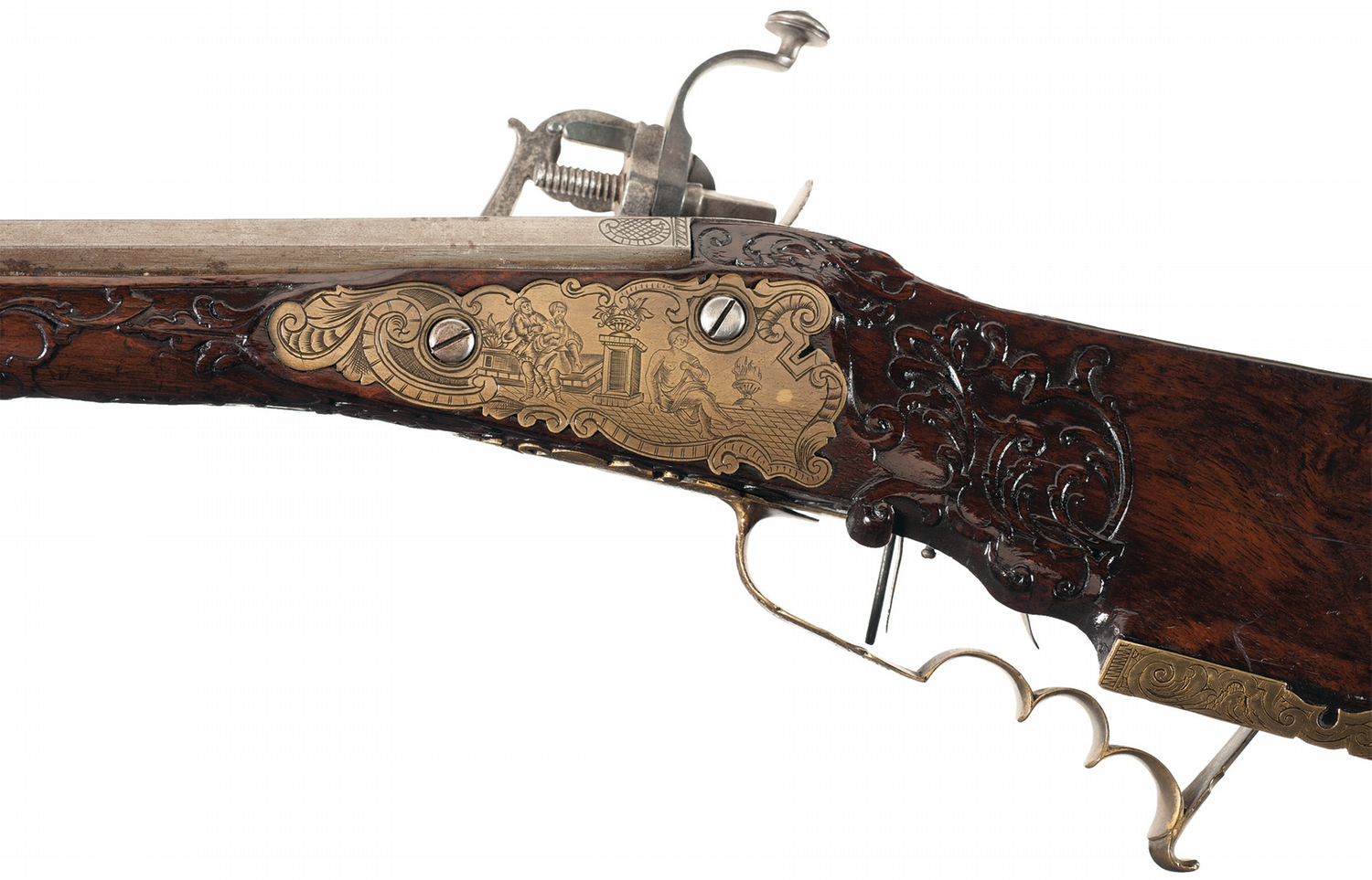 European Wheelock Short Rifle with Engraved Brass Mountings and Carved ...