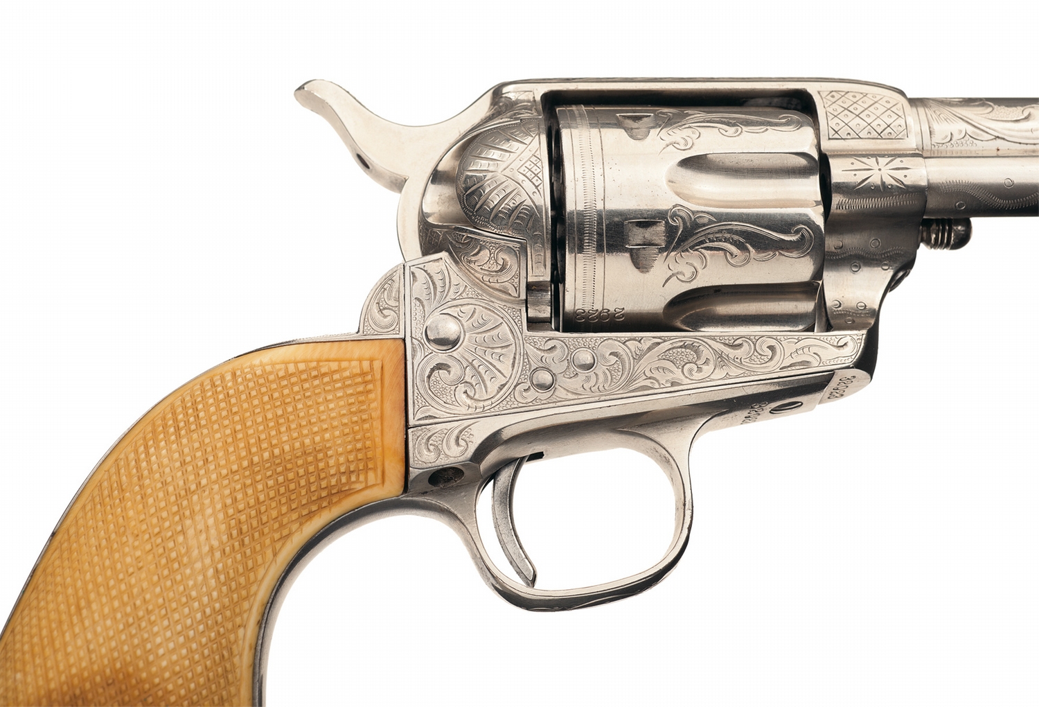 Cased Custom Engraved Black Powder Frame Colt Single Action Army Revolver with Ivory Grips