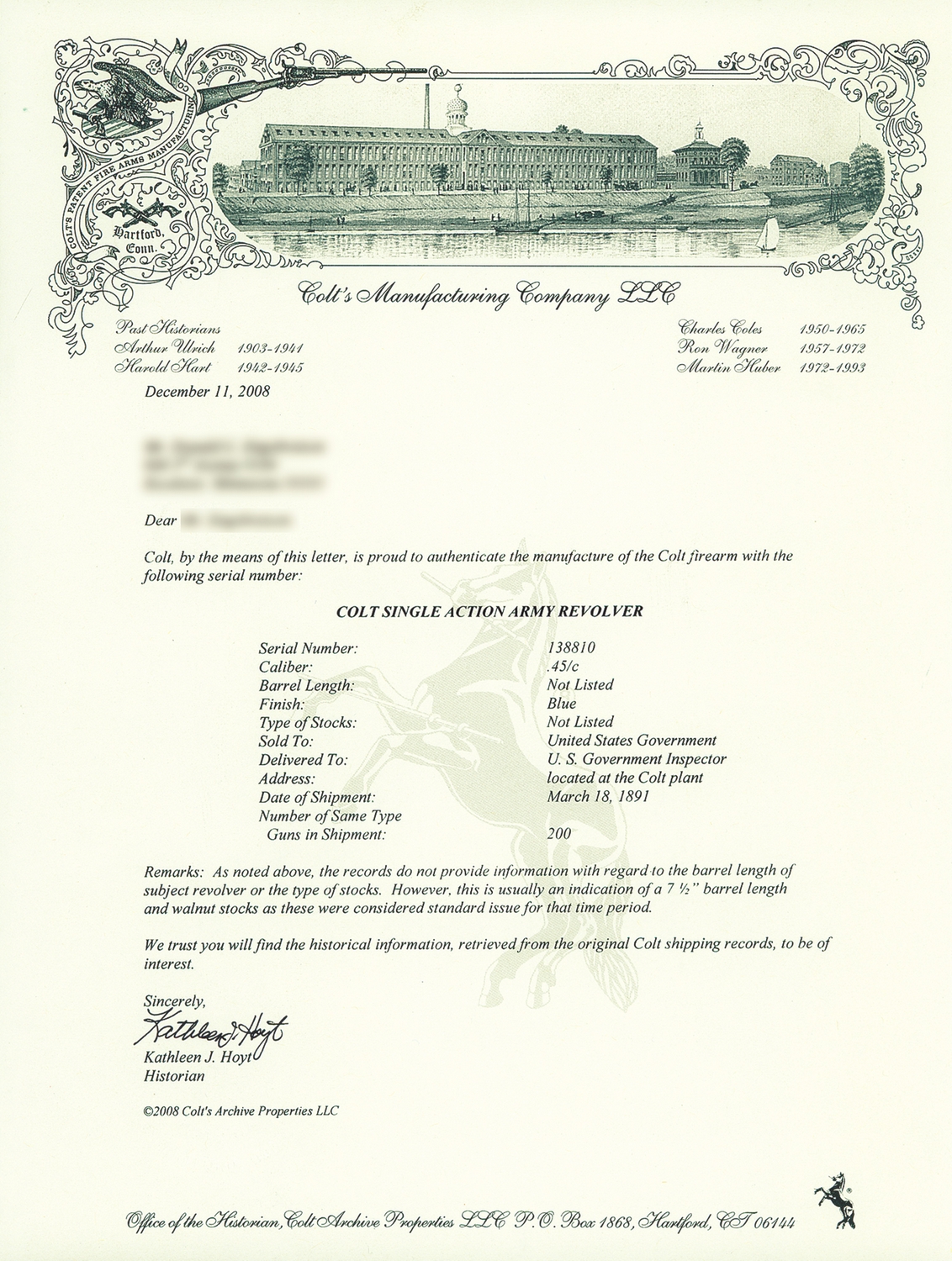 Custom Engraved U.S. Colt Single Action Army Revolver with Factory Letter