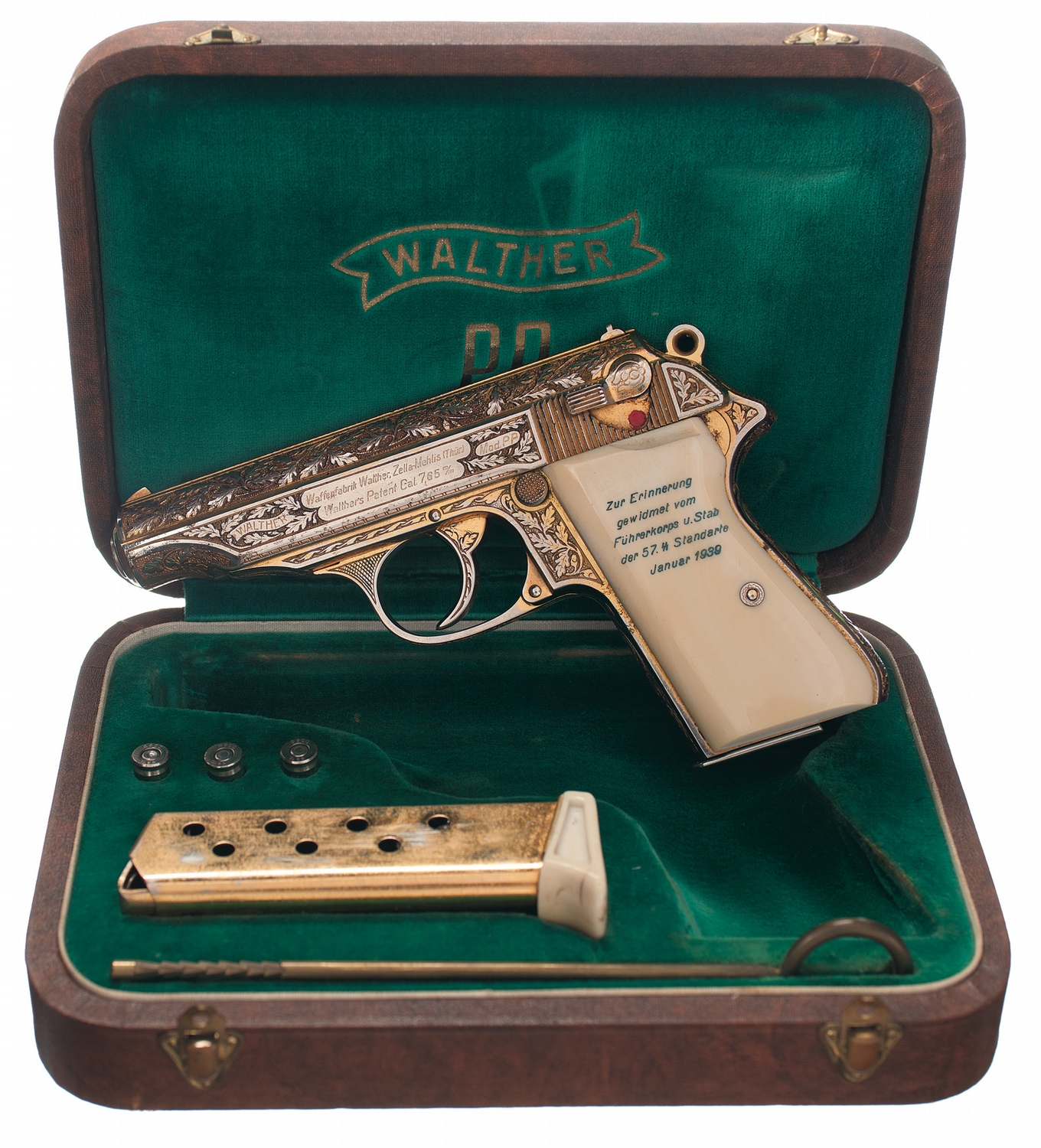 Exceptional Cased WWII Walther Factory Engraved, Deluxe Gold Plated ...