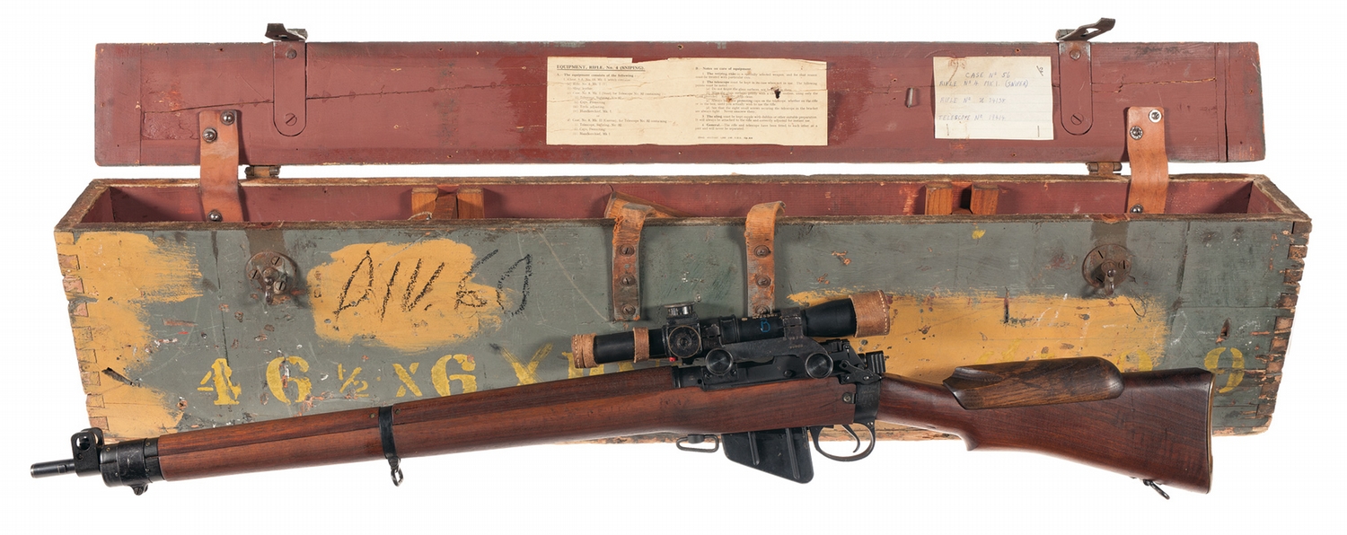 Excellent WWII British No. 4 MKI (T) Enfield Sniper Rifle with Wooden Crate