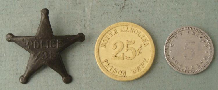 Vintage Obsolete Police Star Lapel Pin, 2 Prison Tokens