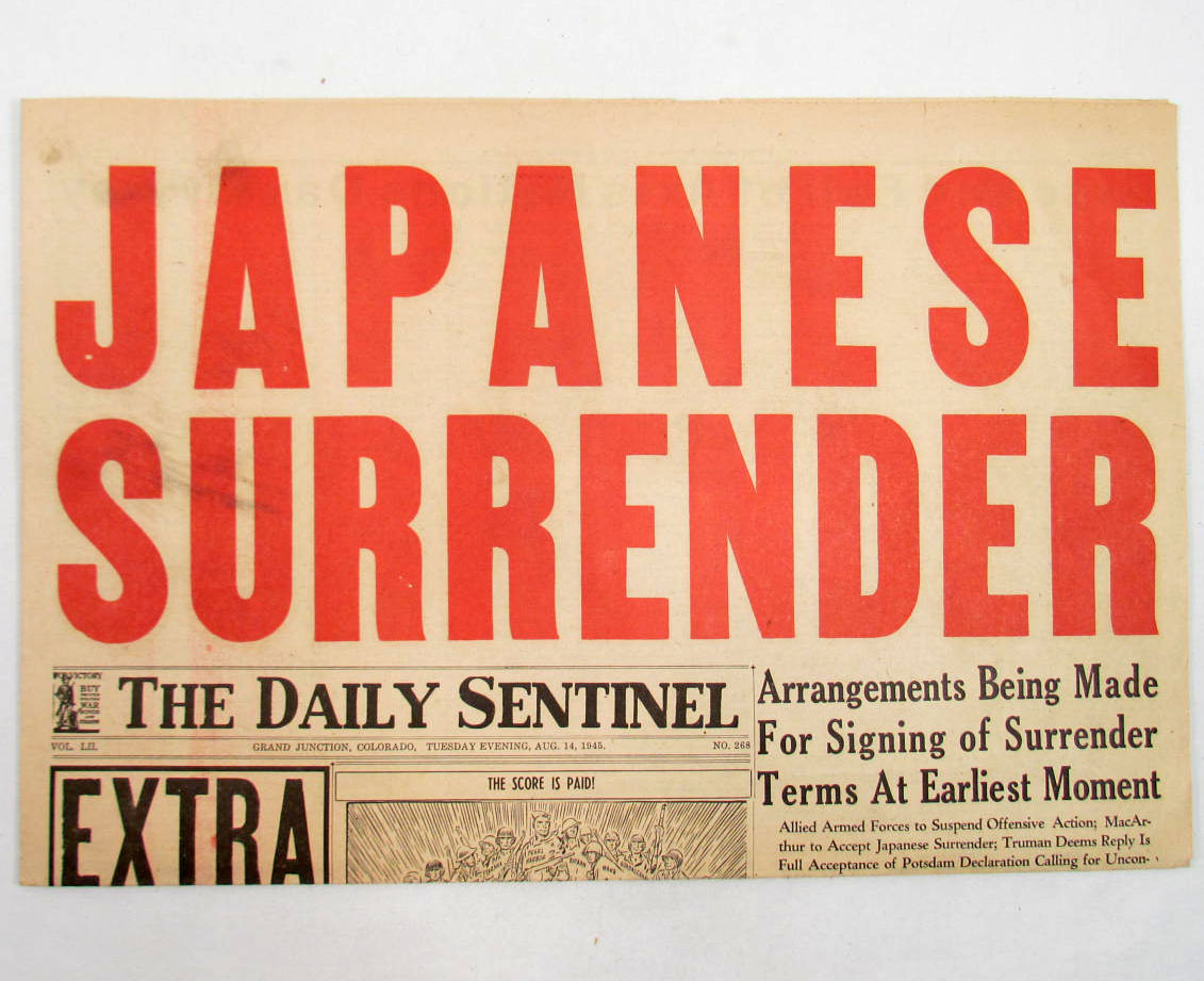 1945 NEWSPAPER "JAPANESE SURRENDER" HEADLINE